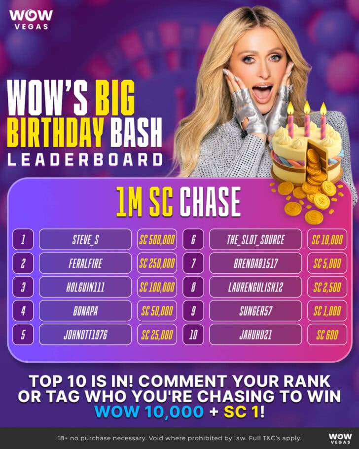 WOW Vegas Big Birthday Bash is Live: 1 Million SC Prize Fund!
